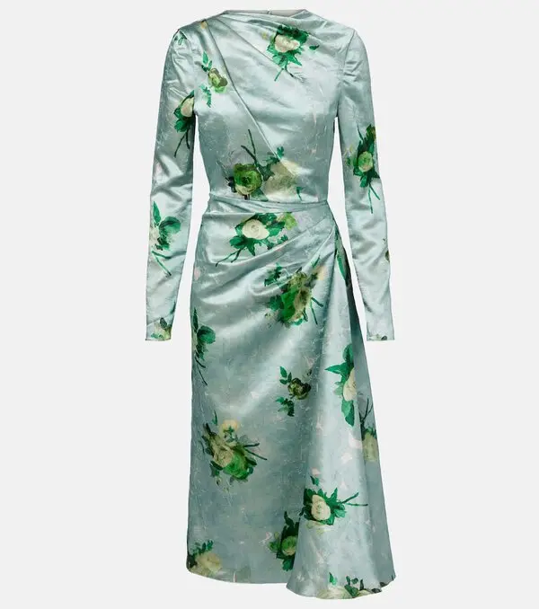 Erdem Draped Floral Satin Midi Dress
