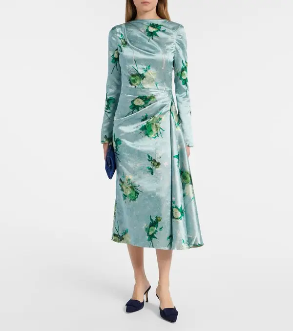 Erdem Draped Floral Satin Midi Dress