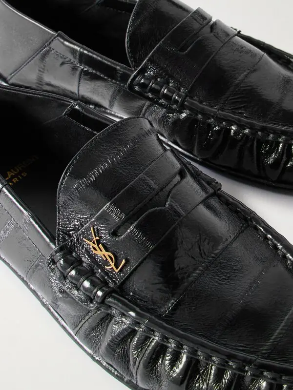 Saint Laurent Le Loafer Embellished Collapsible-heel Glossed-eel Loafers - Black