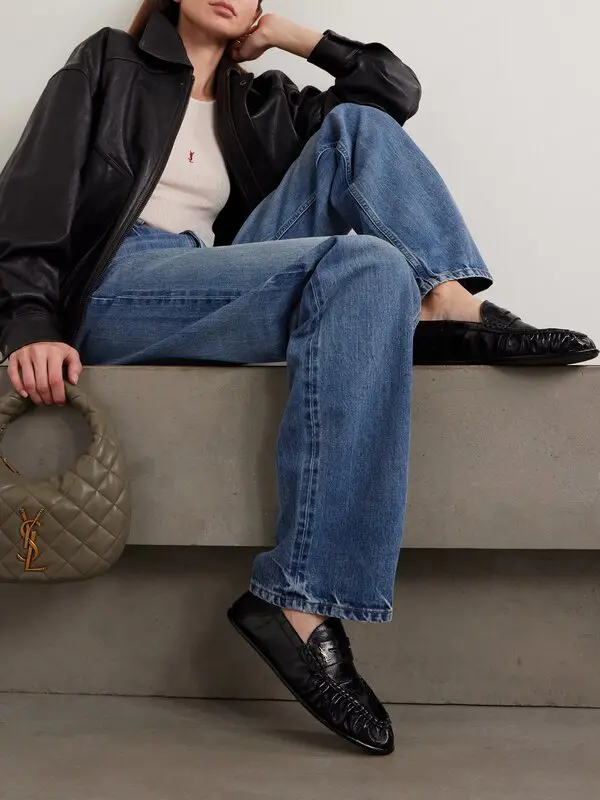 Saint Laurent Le Loafer Embellished Collapsible-heel Glossed-eel Loafers - Black