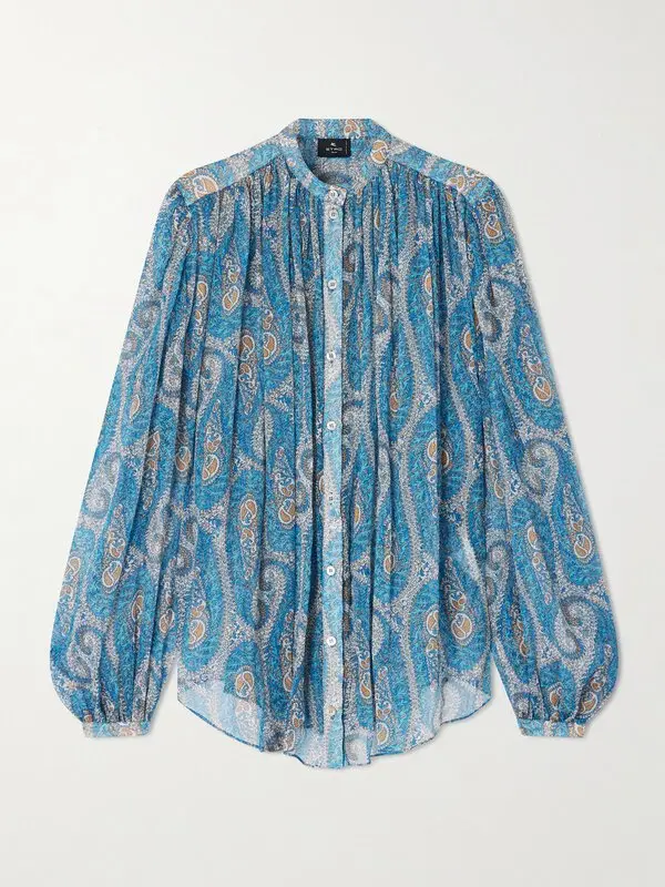 Etro Pleated Paisley-print Silk-crepon Blouse - Blue