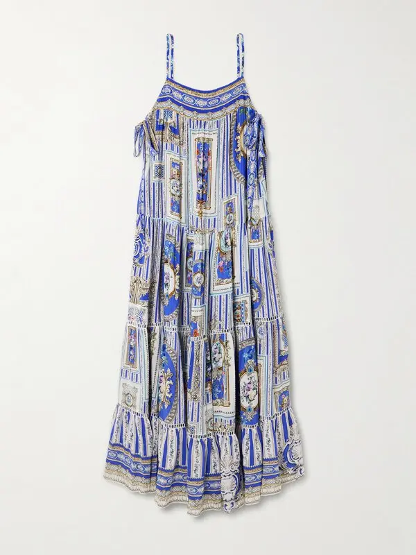 Camilla Tie-detailed Lace-trimmed Tiered Printed Silk-satin Maxi Dress - Blue