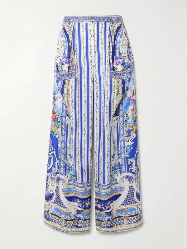 Camilla Crystal-embellished Printed Silk-satin Wide-leg Pants - Blue
