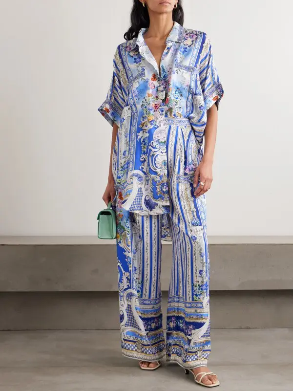 Camilla Crystal-embellished Printed Silk-satin Wide-leg Pants - Blue