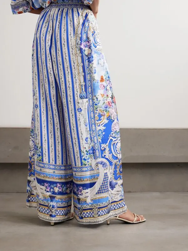 Camilla Crystal-embellished Printed Silk-satin Wide-leg Pants - Blue