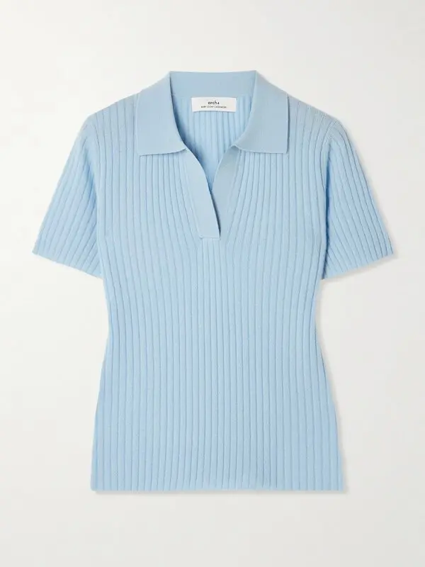 Arch4 Jennifer Ribbed Organic Cashmere Polo Shirt - Blue
