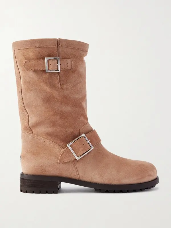 JIMMY CHOO Biker Buckled Suede Ankle Boots - Brown