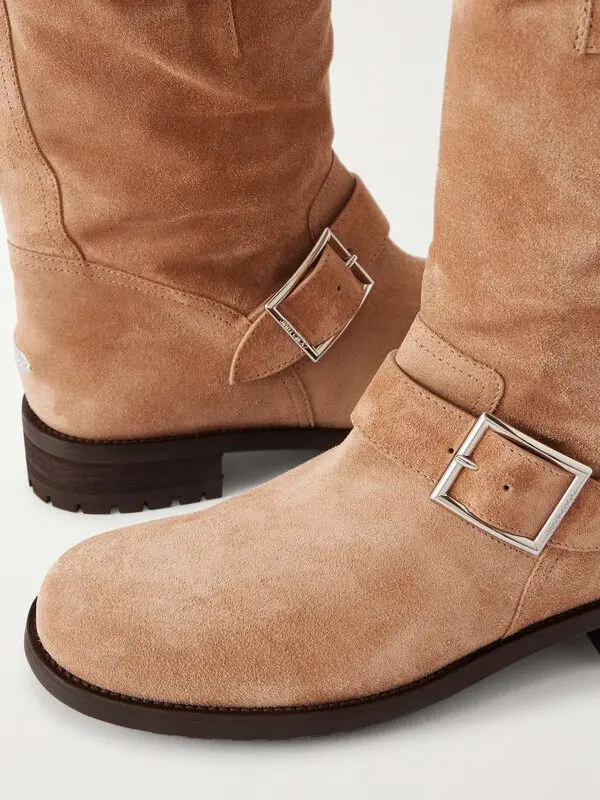 JIMMY CHOO Biker Buckled Suede Ankle Boots - Light Brown