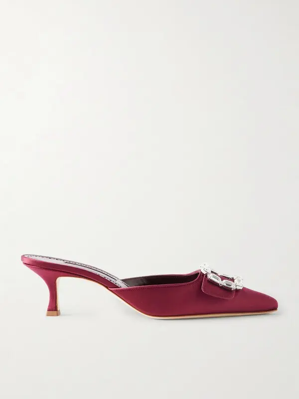 Manolo Blahnik Mayjou 50 Crystal-embellished Satin Mules - Red