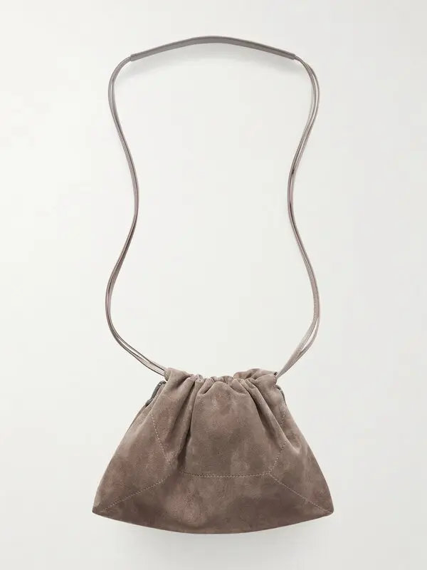 Brunello Cucinelli Bead-embellished Suede Shoulder Bag - Brown