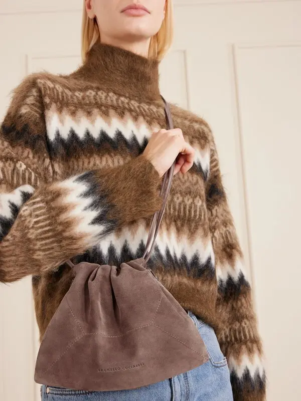 Brunello Cucinelli Bead-embellished Suede Shoulder Bag - Brown