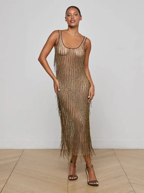 L'Agence Gracelynn Beaded Fringe Dress - Antique Gold Beaded Fringe
