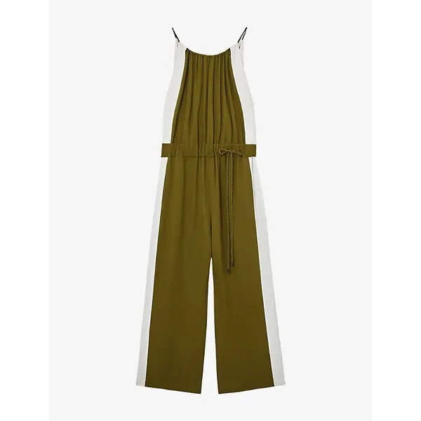 REISS Woven Jumpsuit With Color Block Detail - Green Cream