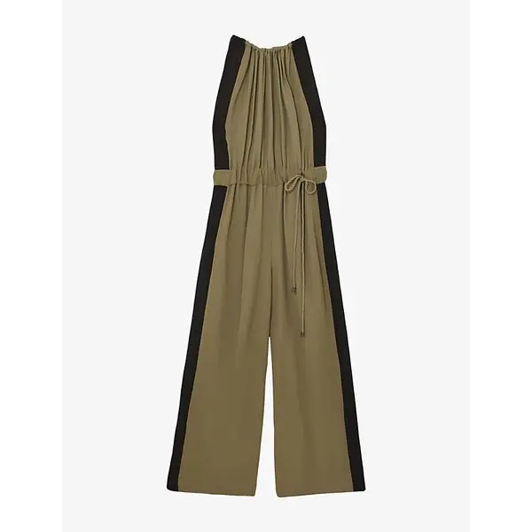 REISS Woven Jumpsuit With Color Block Detail - Khaki Green Black