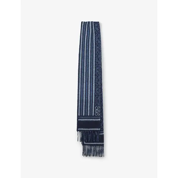 Loewe Branded Wool And Cashmere Scarf - Dark Navy Blue