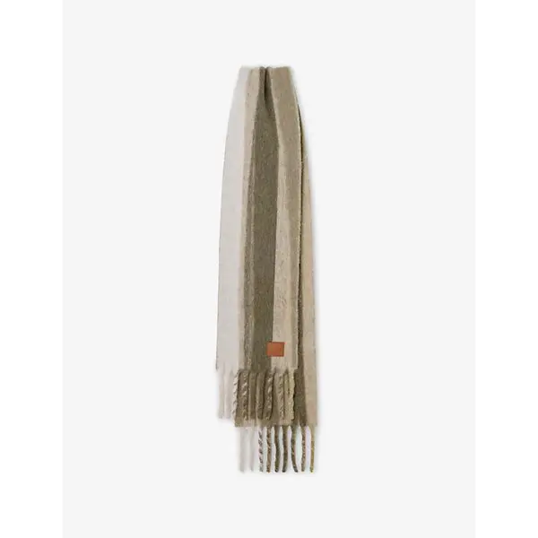 Loewe Striped Branded Wool-blend Scarf - Soft White/khaki Mul