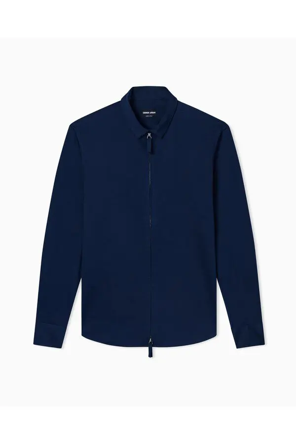 Giorgio Armani Zip-up Cotton Jersey Shirt With Snap-button Cuffs - Blue
