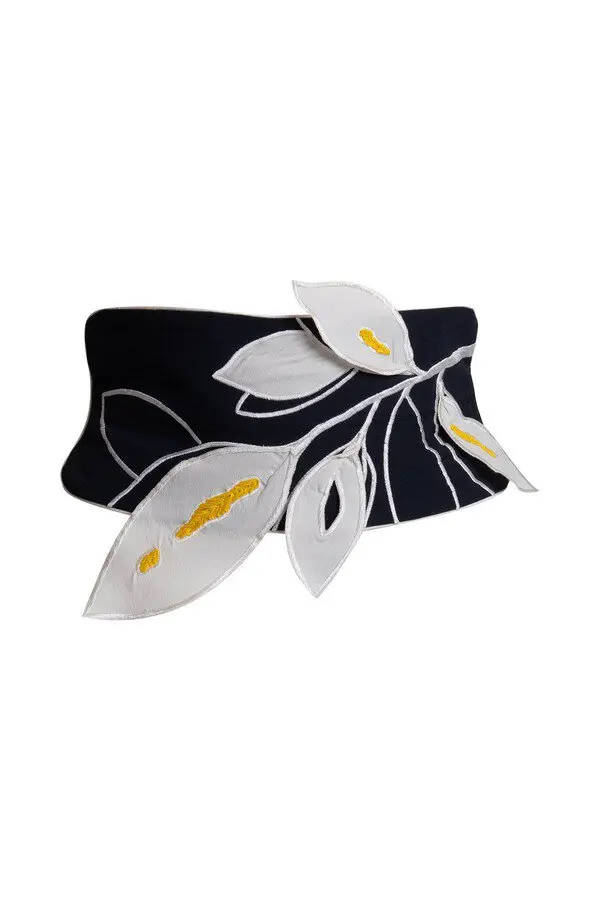 Natori Tech Cotton Taffeta Embroidered Leaf Obi Belt - Black