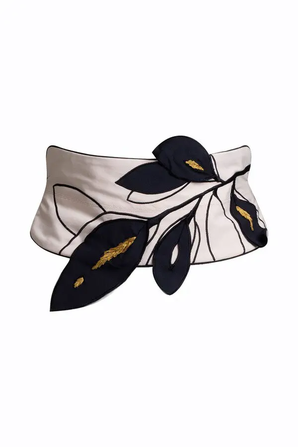 Natori Tech Cotton Taffeta Embroidered Leaf Obi Belt - White