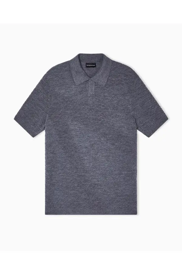 Emporio Armani Polo Shirt-collar Jumper In Virgin Wool With Check Motif - Natural