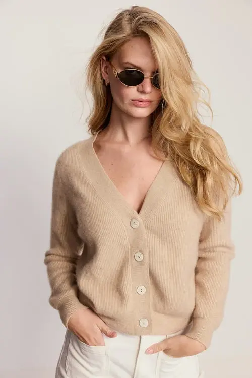 The Shirt By Rochelle Behrens Cashmere V-neck Cardigan - Camel