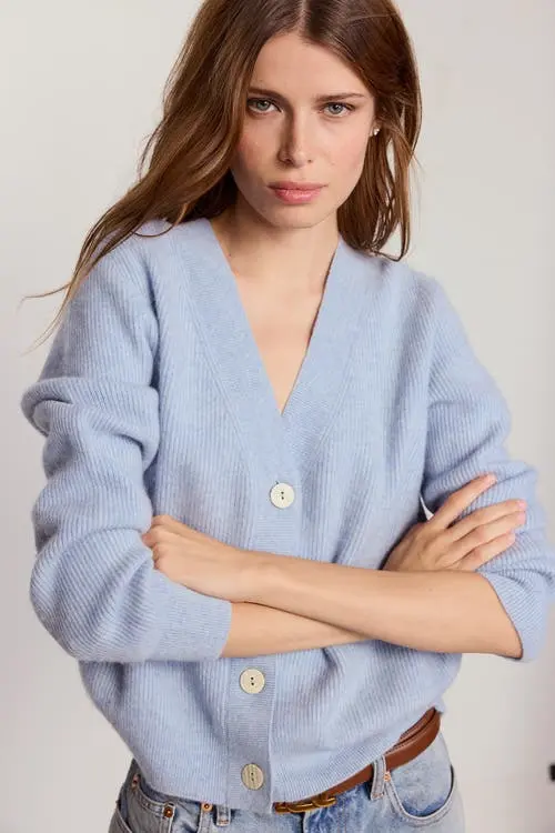 The Shirt By Rochelle Behrens Cashmere V-neck Cardigan - Heather Blue