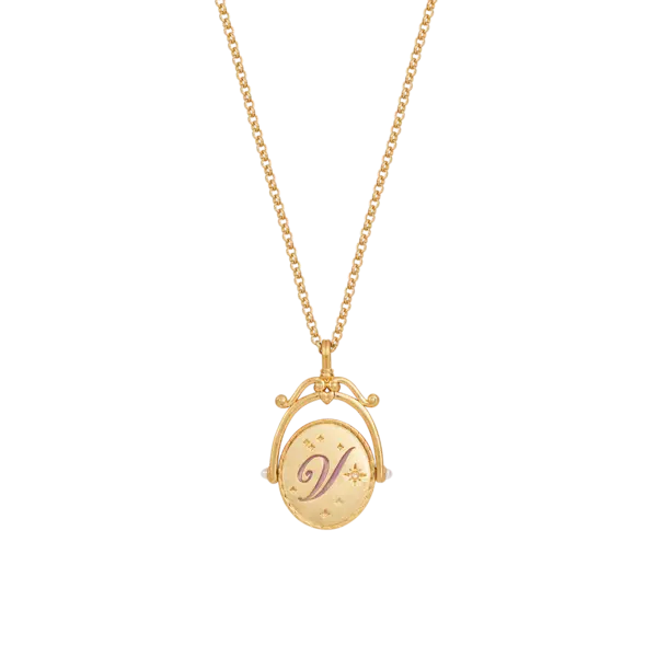 FABLE ENGLAND V Initial Violet Spinner Chain Necklace - Gold