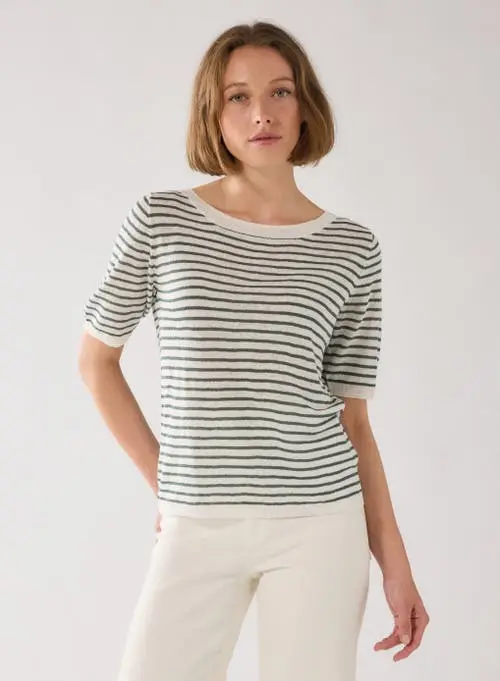 Majestic Filatures Linen Knit Stripe Elbow Sleeve Crewneck - Agave