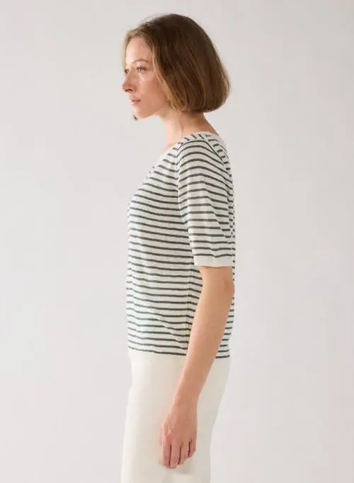 Majestic Filatures Linen Knit Stripe Elbow Sleeve Crewneck - Agave