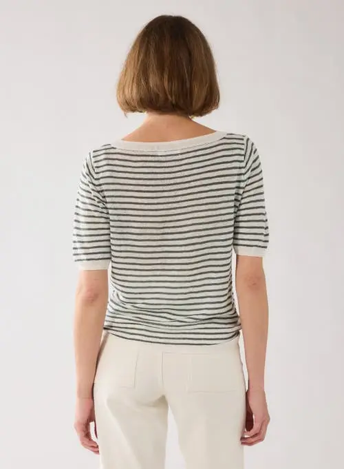 Majestic Filatures Linen Knit Stripe Elbow Sleeve Crewneck - Agave