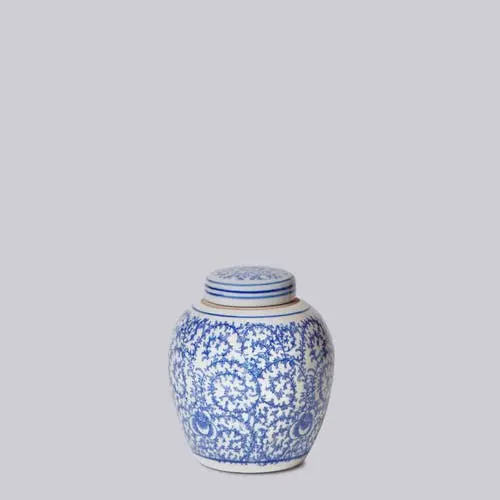 COBALT GUILD Porcelain Scrolling Peony Round Jar - Blue + White