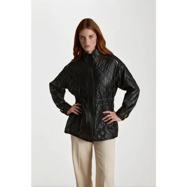 FURNIQ UK Leather Quilted Coat - Black