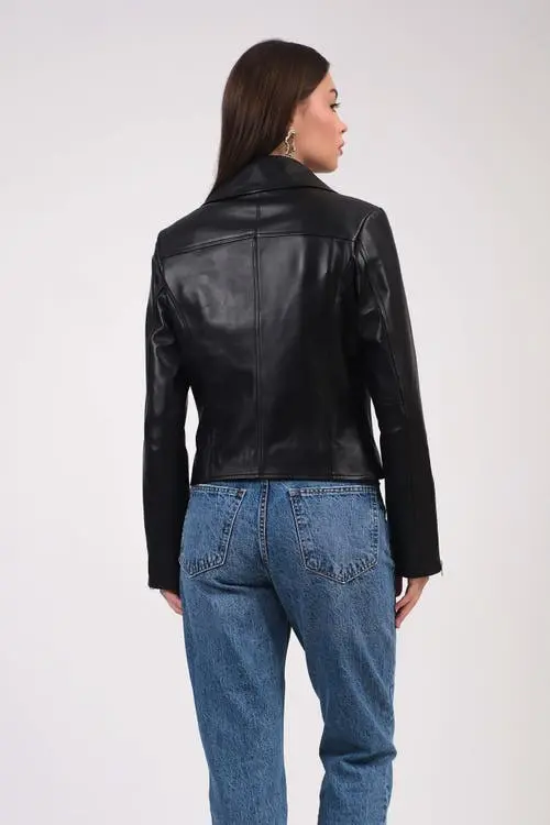 FURNIQ UK Leather Moto Biker Jacket - Black