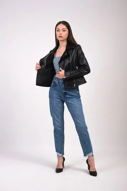 FURNIQ UK Leather Moto Biker Jacket - Black