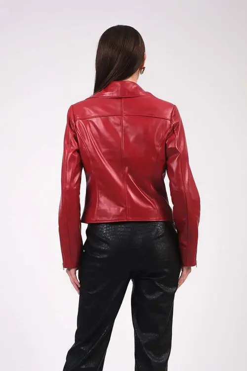 FURNIQ UK Leather Moto Biker Jacket - Red