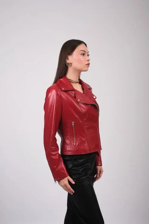 FURNIQ UK Leather Moto Biker Jacket - Red