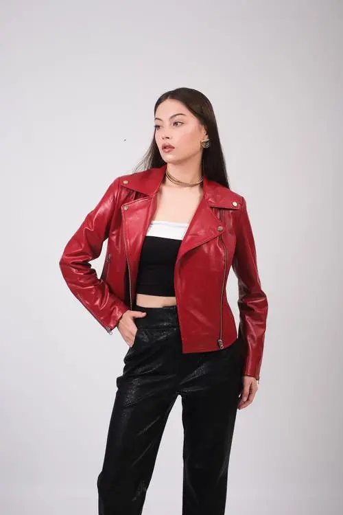 FURNIQ UK Leather Moto Biker Jacket - Red