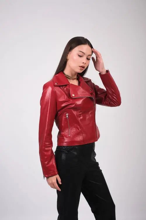 FURNIQ UK Leather Moto Biker Jacket - Red