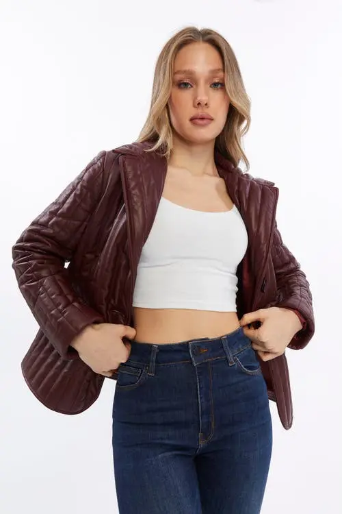 FURNIQ UK Tabitha Leather Coat - Burgundy