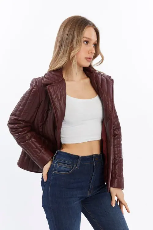 FURNIQ UK Tabitha Leather Coat - Burgundy