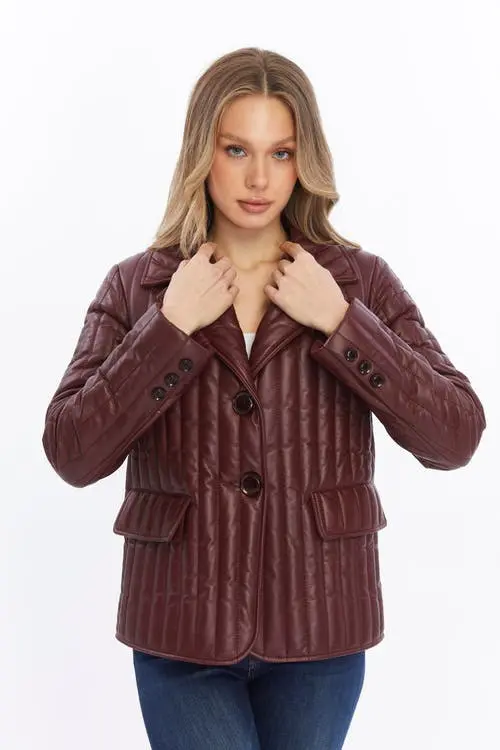 FURNIQ UK Tabitha Leather Coat - Burgundy