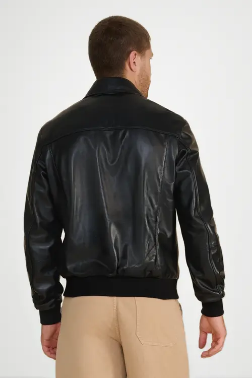 FURNIQ UK Leather Bomber Jacket - Black
