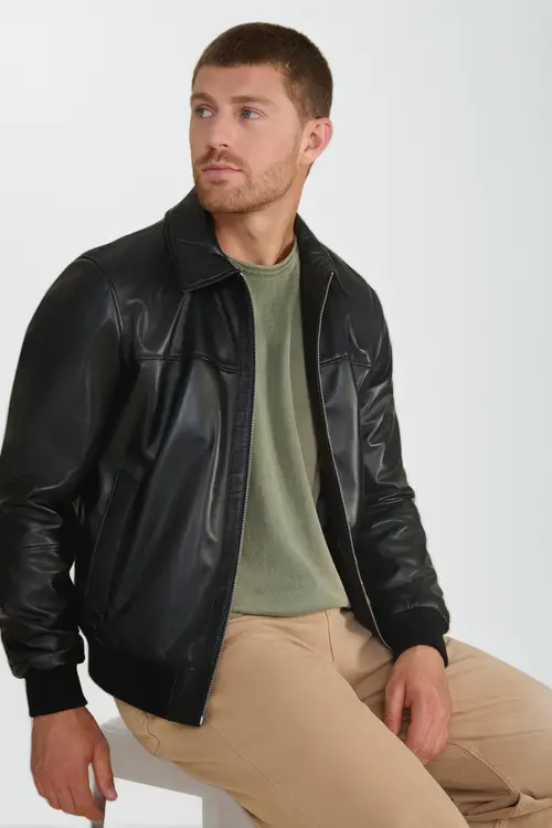 FURNIQ UK Leather Bomber Jacket - Black