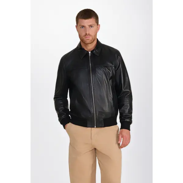 FURNIQ UK Leather Bomber Jacket - Black