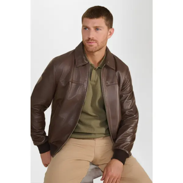 FURNIQ UK Leather Bomber Jacket - Brown