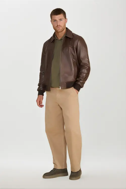 FURNIQ UK Leather Bomber Jacket - Brown