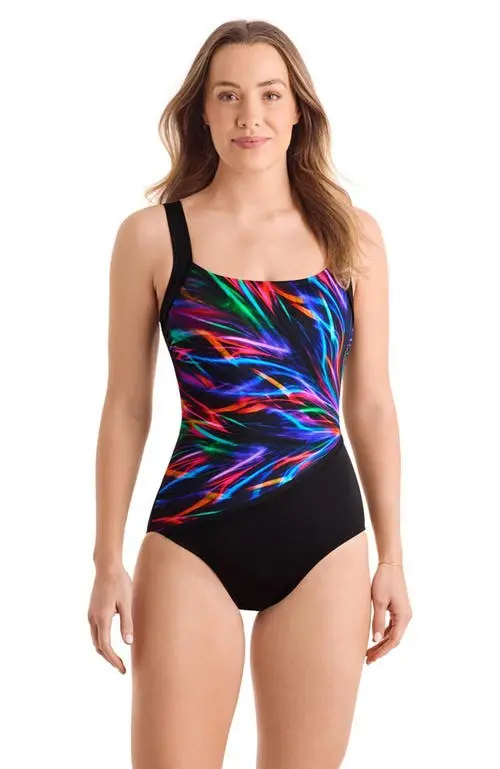 SHAPESOLVER SPORT Squareneck Illusion Tank Chlorine Resistant One-piece Swimsuit - Multi Electrifying
