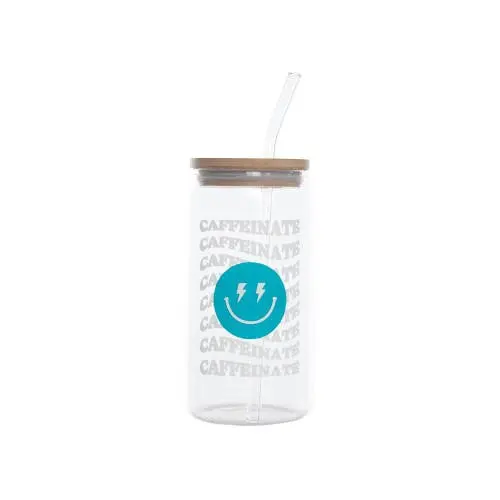 Totalee Gift Caffeinate Glass Cup W/ Lid And Straw Glass 16 Oz