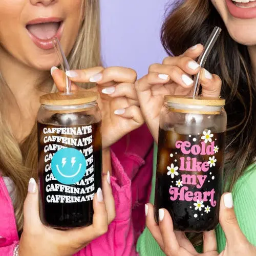 Totalee Gift Caffeinate Glass Cup W/ Lid And Straw Glass 16 Oz