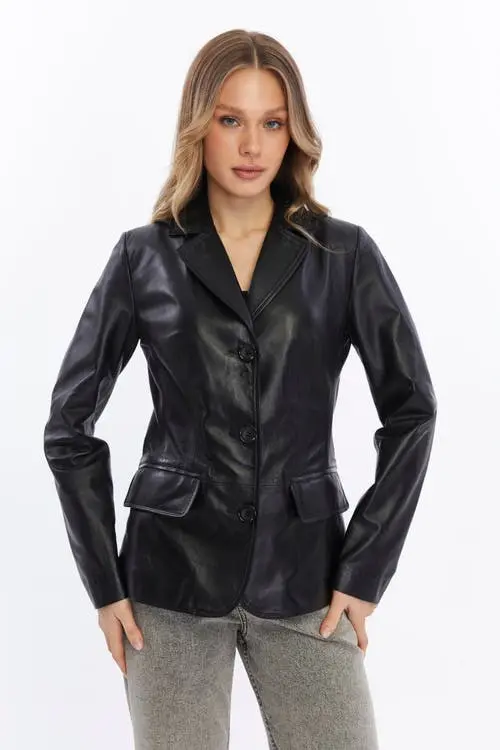 FURNIQ UK Esther Leather Blazer - Black